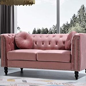 Container Furniture Direct Kittleson Velvet Chesterfield Loveseat for Living Room, Apartment or Office, Mid Century Modern Diamond Tufted Couch with Nailhead Accent, 64.17", Natural Pink