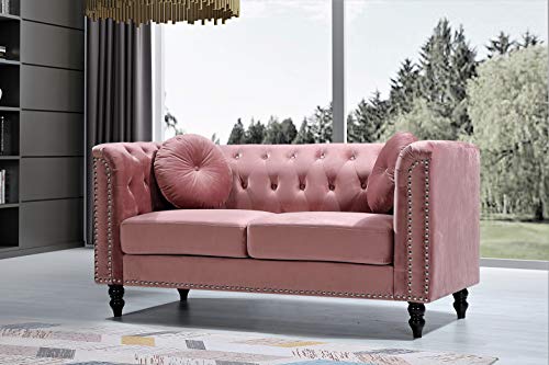 Container Furniture Direct Kittleson Velvet Chesterfield Loveseat for Living Room, Apartment or Office, Mid Century Modern Diamond Tufted Couch with Nailhead Accent, 64.17", Natural Pink