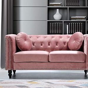 Container Furniture Direct Kittleson Velvet Chesterfield Loveseat for Living Room, Apartment or Office, Mid Century Modern Diamond Tufted Couch with Nailhead Accent, 64.17", Natural Pink