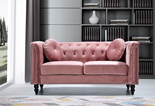 Container Furniture Direct Kittleson Velvet Chesterfield Loveseat for Living Room, Apartment or Office, Mid Century Modern Diamond Tufted Couch with Nailhead Accent, 64.17", Natural Pink