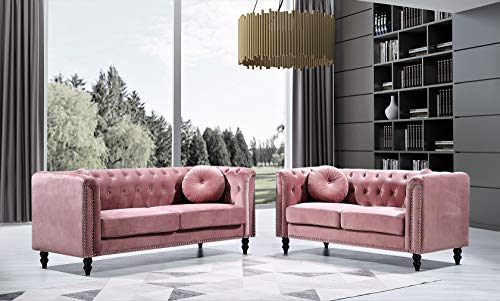 Container Furniture Direct Kittleson Velvet Chesterfield Loveseat for Living Room, Apartment or Office, Mid Century Modern Diamond Tufted Couch with Nailhead Accent, 64.17", Natural Pink