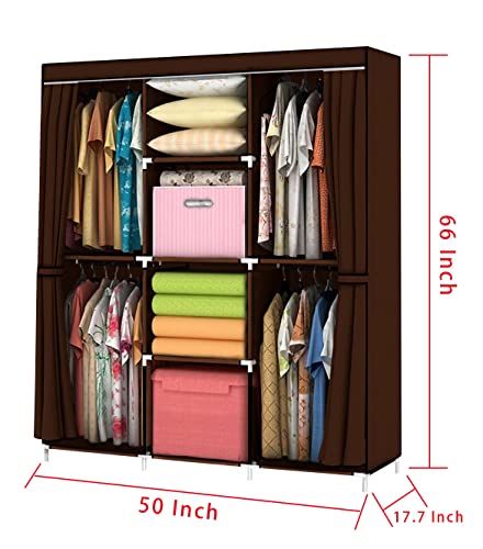 YOUUD Portable Closet 50 Inch Wardrobe Closet for Hanging Clothes with Non-Woven Fabric Cover, 4 Hang Rods and 4 Clothes Storage Organizer Shelves, Brown Clothes Closet Quick and Easy Assembly