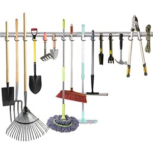 walmann all metal 64 inch wall mount garden tool organizer for garage, mop and broom holder, yard tool storage rack for rake, shovel, spade, mop, broom, wall mount storage organizer(4 rails, 16 hooks)