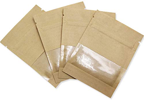 100PCS Clear Window Airtight Brown Kraft Paper for Food Storage Zipper Packaging Bags Resealable Heat Seal Pouch Smell Proof Sample Coffee (Brown,5.1x7.08 Inch)