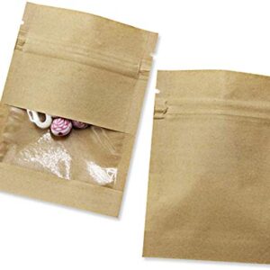 100PCS Clear Window Airtight Brown Kraft Paper for Food Storage Zipper Packaging Bags Resealable Heat Seal Pouch Smell Proof Sample Coffee (Brown,5.1x7.08 Inch)