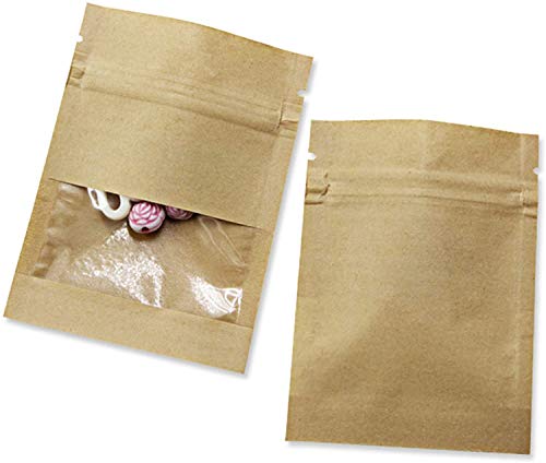 100PCS Clear Window Airtight Brown Kraft Paper for Food Storage Zipper Packaging Bags Resealable Heat Seal Pouch Smell Proof Sample Coffee (Brown,5.1x7.08 Inch)