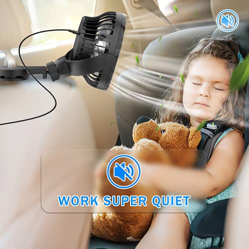 LEMOISTAR USB Powered 5V Car Fan, Powerful 4 Speed Quiet Ventilation Electric Cooling Fans with Clip/Hook/Suction Cup, Portable Car Fans for Rear Backseat Passenger Dog(USB Powered ONLY)