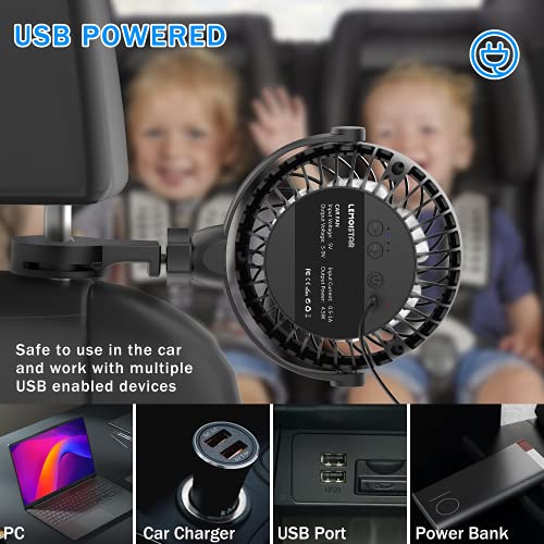 LEMOISTAR USB Powered 5V Car Fan, Powerful 4 Speed Quiet Ventilation Electric Cooling Fans with Clip/Hook/Suction Cup, Portable Car Fans for Rear Backseat Passenger Dog(USB Powered ONLY)