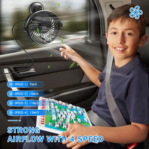 LEMOISTAR USB Powered 5V Car Fan, Powerful 4 Speed Quiet Ventilation Electric Cooling Fans with Clip/Hook/Suction Cup, Portable Car Fans for Rear Backseat Passenger Dog(USB Powered ONLY)