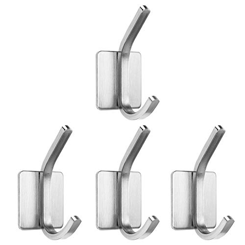 Self Adhesive Hooks 4 Pack, Brushed Stainless Steel Adhesive Door Hooks, Coat Hooks, Towel Hooks, Anti-Rust Waterproof Sticky Hooks for Kitchen Bathroom Office Toilet, No Drill Glue Needed