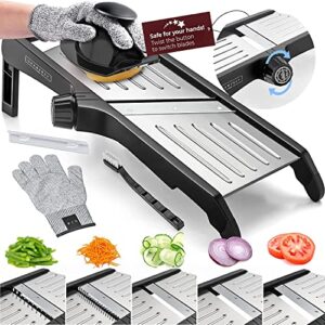 gramercy kitchen co. adjustable stainless steel mandoline food slicer - comes with one pair cut-resistant gloves || vegetable chopper onion slicer potato slicer chip french fry julienne slicer