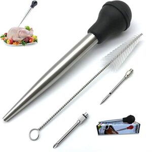 turkey baster, baster syringe for cooking, baster with cleaning brush and marinade needles, stainless steel turkey baster, black