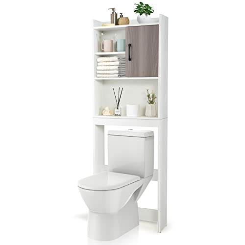 Tangkula Over The Toilet Storage Cabinet, Freestanding Tall Bathroom Organizer with Open Storage Shelves and Enclosed Storage Cabinet, Versatile Space Saver for Bathroom Toilet Laundry Room (White)