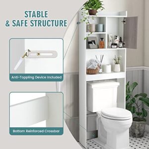 Tangkula Over The Toilet Storage Cabinet, Freestanding Tall Bathroom Organizer with Open Storage Shelves and Enclosed Storage Cabinet, Versatile Space Saver for Bathroom Toilet Laundry Room (White)