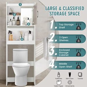 Tangkula Over The Toilet Storage Cabinet, Freestanding Tall Bathroom Organizer with Open Storage Shelves and Enclosed Storage Cabinet, Versatile Space Saver for Bathroom Toilet Laundry Room (White)