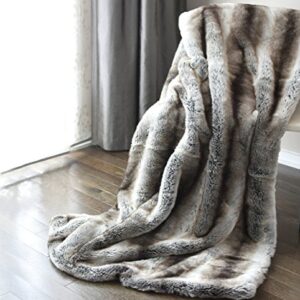 Luxury Faux Fur Oversized Throw Blanket with Plush Velvet Reverse, Fox Lynx or Gray Mink (Chinchilla X-Long)