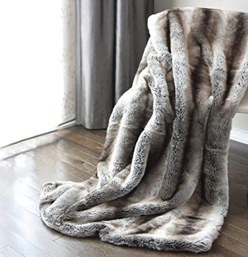 Luxury Faux Fur Oversized Throw Blanket with Plush Velvet Reverse, Fox Lynx or Gray Mink (Chinchilla X-Long)