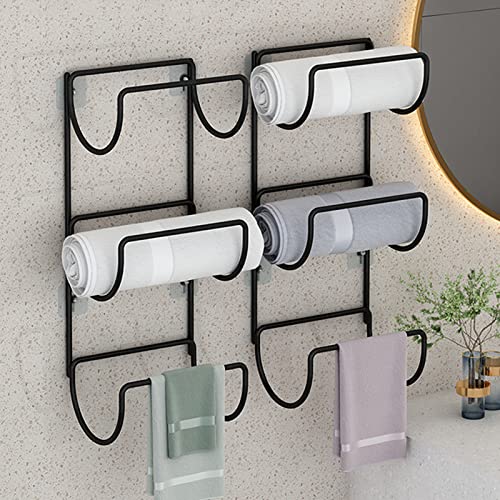 2 Pack Metal Towel Rack Wall Mounted with 3 Compartments, SMFANLIN Anti-Rust Towel/Wine Shelf Holder Organizer Storage with Screw Set for Washcloths, Hand Towel, Ideal for Bathroom, Spa, Salon (Black)