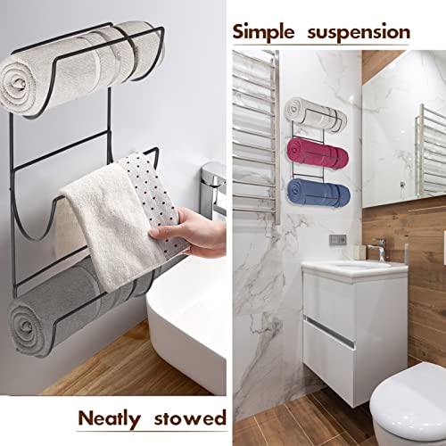 2 Pack Metal Towel Rack Wall Mounted with 3 Compartments, SMFANLIN Anti-Rust Towel/Wine Shelf Holder Organizer Storage with Screw Set for Washcloths, Hand Towel, Ideal for Bathroom, Spa, Salon (Black)