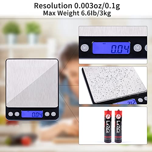 Kitchen Digital Food Scale, High Accuracy Mini Food Scales Digital Weight Grams and Oz for Cooking, Baking, Jewelry, Tare Function, 2 Trays, LCD Display (3000g/0.1g)