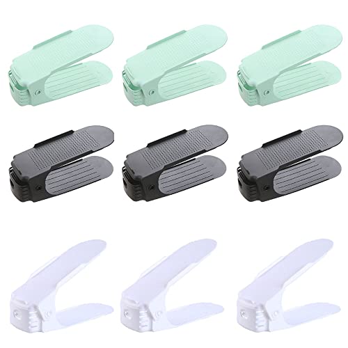 Adjustable Shoe Stacker Storage Space Saver, Slot Organizer, Dual Rack Stands for Closet Organization (Pack of 9), Grey-green , Black , White (220421)