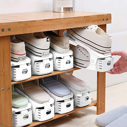 Adjustable Shoe Stacker Storage Space Saver, Slot Organizer, Dual Rack Stands for Closet Organization (Pack of 9), Grey-green , Black , White (220421)