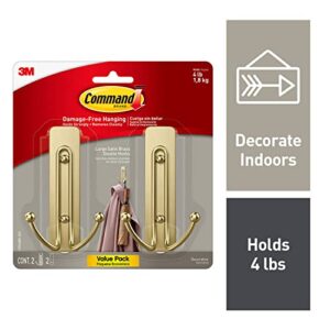 Command Bath Shower Small Water-Resistant Adhesive, Satin Nickel, 1 lb Capacity, 1 Squeegee & Large Wall Hooks, Damage Free Hanging Wall Hooks with Adhesive Strips, No Tools Double Wall Hooks