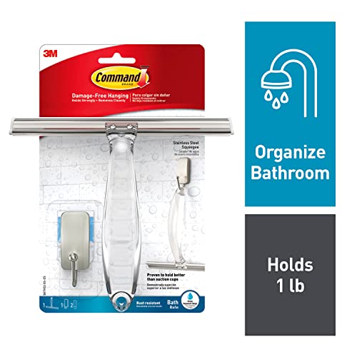 Command Bath Shower Small Water-Resistant Adhesive, Satin Nickel, 1 lb Capacity, 1 Squeegee & Large Wall Hooks, Damage Free Hanging Wall Hooks with Adhesive Strips, No Tools Double Wall Hooks