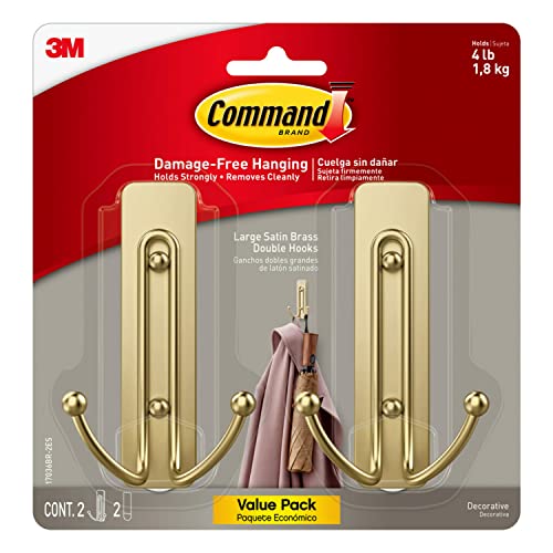 Command Bath Shower Small Water-Resistant Adhesive, Satin Nickel, 1 lb Capacity, 1 Squeegee & Large Wall Hooks, Damage Free Hanging Wall Hooks with Adhesive Strips, No Tools Double Wall Hooks