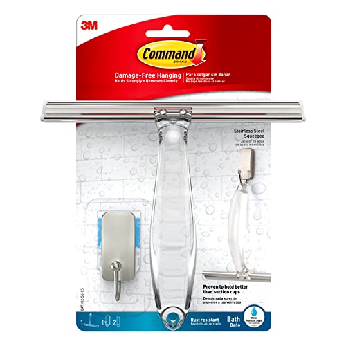 Command Bath Shower Small Water-Resistant Adhesive, Satin Nickel, 1 lb Capacity, 1 Squeegee & Large Wall Hooks, Damage Free Hanging Wall Hooks with Adhesive Strips, No Tools Double Wall Hooks