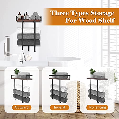 Klapber Towel Rack for Bathroom Hand Towel Holder Wall Mounted, Bath Towel Racks with Towel Hooks, Bathroom Towel Storage with Wooden Shelve for Rolled Towel Storage Bathroom Organizer Decor