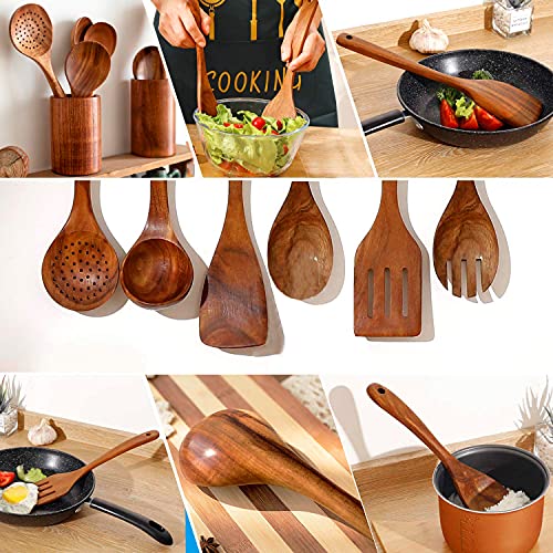 Wooden Spoons for Cooking,7Pcs Wooden Utensils for Cooking Teak Wooden Kitchen Utensil Set Wooden Cooking Utensils Wooden Spatula for Cooking