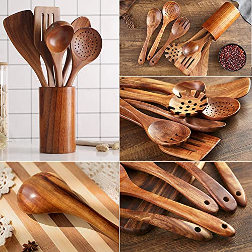 Wooden Spoons for Cooking,7Pcs Wooden Utensils for Cooking Teak Wooden Kitchen Utensil Set Wooden Cooking Utensils Wooden Spatula for Cooking