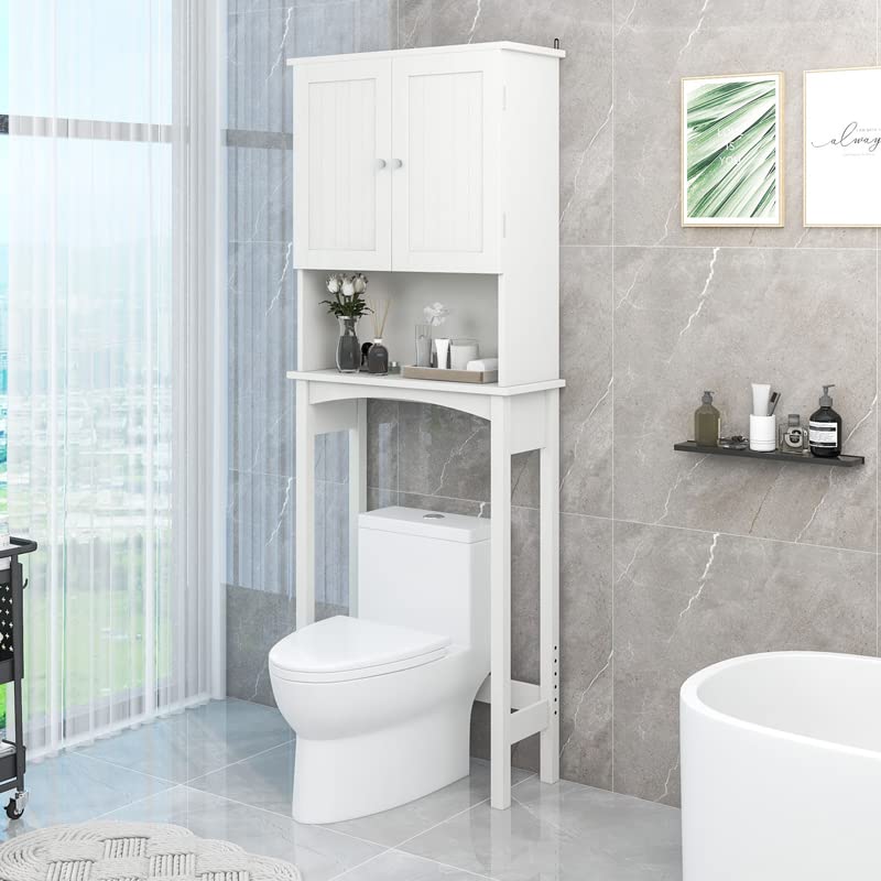 Yone jx je Over The Toilet Storage Cabinet with 2 Doors and Shelf, 3-Tier Space Saving Organizer Rack, Stable Freestanding Above Toilet Stand, Bathroom Cabinet for Bathroom, Restroom, Laundry, White