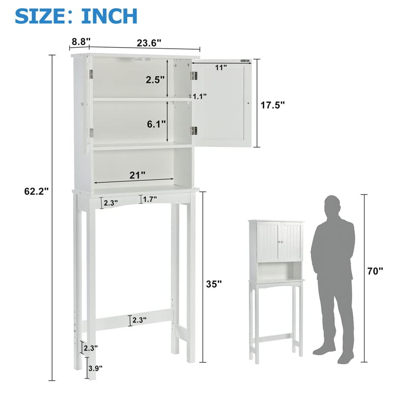 Yone jx je Over The Toilet Storage Cabinet with 2 Doors and Shelf, 3-Tier Space Saving Organizer Rack, Stable Freestanding Above Toilet Stand, Bathroom Cabinet for Bathroom, Restroom, Laundry, White