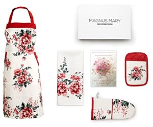 perfect present for mothers, ideal mothers kitchen linen set. set include greeting card, bib apron, oven mitt, pot holder, kitchen towel. beautiful flower design, 100 percent cotton.