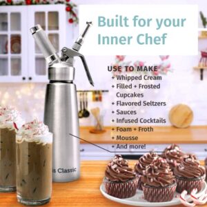 Whipped Cream Dispenser Stainless Steel - Professional Whipped Cream Maker - Gourmet Cream Whipper - Large 500ml / 1 Pint Capacity Canister - Includes 3 Culinary Decorating Nozzles