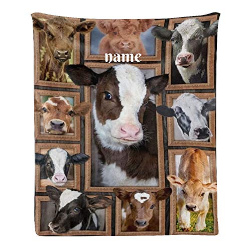 CUXWEOT Custom Blanket with Name Text Personalized Funny Cow Soft Fleece Throw Blanket for Gifts (50 X 60 inches)