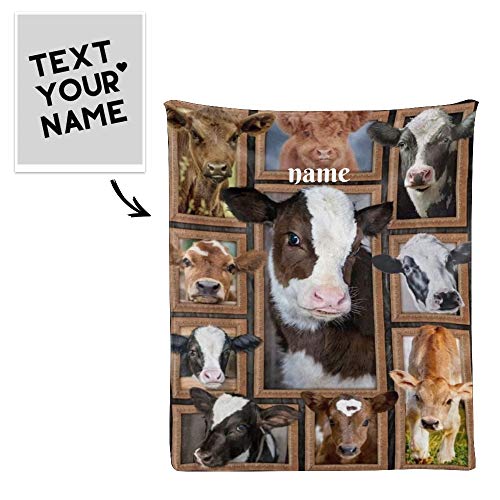 CUXWEOT Custom Blanket with Name Text Personalized Funny Cow Soft Fleece Throw Blanket for Gifts (50 X 60 inches)