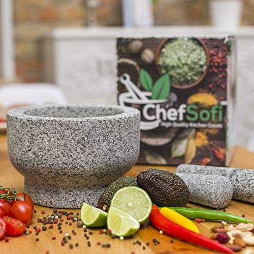 ChefSofi EXTRA Large 8 Inch 5 Cup-Capacity Mortar and Pestle Set - One Huge Mortar and Two Pestels: 8.5 inch and 6.5 inch - Unpolished Heavy Granite for Enhanced Performance and Organic Appearance