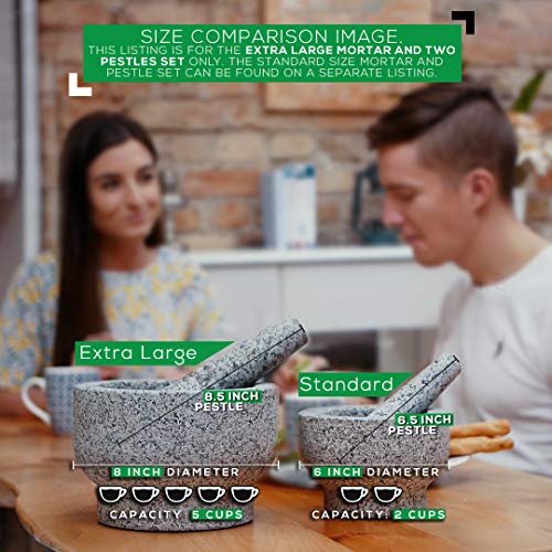 ChefSofi EXTRA Large 8 Inch 5 Cup-Capacity Mortar and Pestle Set - One Huge Mortar and Two Pestels: 8.5 inch and 6.5 inch - Unpolished Heavy Granite for Enhanced Performance and Organic Appearance