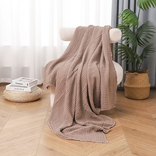 Mary Hatch Coffee Cotton Throw Blanket Lightweight Soft Muslin Blanket for Adults Baby 4 Layers Breathable Gauze Blanket for Couch Bed All Season Use,Dark Khaki 50" Wx60 L