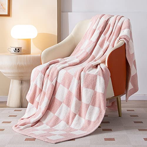 SeaRoomy Throw Blanket Checkerboard Lightweight Blanket Ultra Soft Cozy Plaid Fuzzy Blankets Reversible Checkered Blanket for Couch Bed Decor Gift Idea(Light Pink, 51×63in)