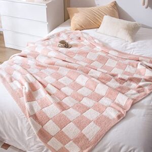 SeaRoomy Throw Blanket Checkerboard Lightweight Blanket Ultra Soft Cozy Plaid Fuzzy Blankets Reversible Checkered Blanket for Couch Bed Decor Gift Idea(Light Pink, 51×63in)