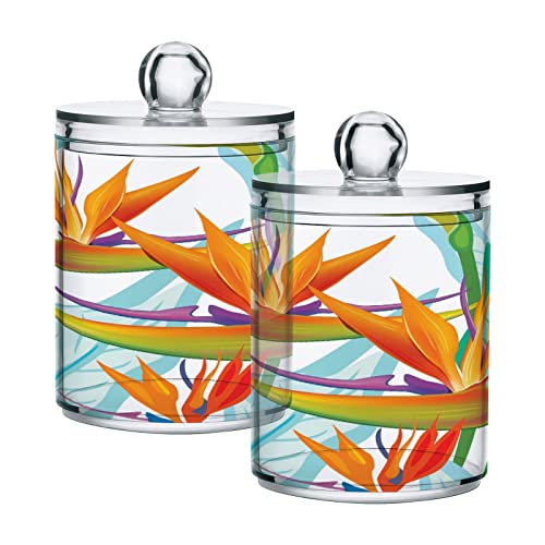 Kigai 2 Pack Qtip Dispenser Apothecary Jars Bathroom 14oz - Birds Of Paradise Flower Qtip Holder Storage Canister Clear Plastic Acrylic Jar for Cotton Ball,Cotton Swab,Q-tips,Cotton Rounds