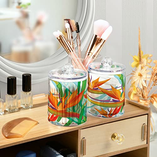 Kigai 2 Pack Qtip Dispenser Apothecary Jars Bathroom 14oz - Birds Of Paradise Flower Qtip Holder Storage Canister Clear Plastic Acrylic Jar for Cotton Ball,Cotton Swab,Q-tips,Cotton Rounds