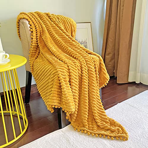 DISSA Fleece Blanket Throw Size – 51x63, Yellow – Soft, Plush, Fluffy, Fuzzy, Warm, Cozy – Perfect Throw for Couch, Bed, Sofa - with Pompom Fringe - Flannel Blanket Throw Blanket