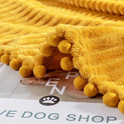 DISSA Fleece Blanket Throw Size – 51x63, Yellow – Soft, Plush, Fluffy, Fuzzy, Warm, Cozy – Perfect Throw for Couch, Bed, Sofa - with Pompom Fringe - Flannel Blanket Throw Blanket