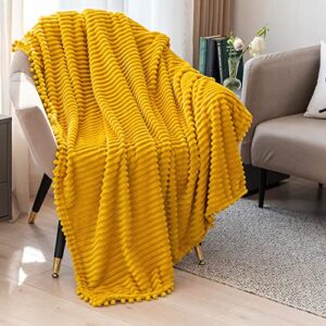 DISSA Fleece Blanket Throw Size – 51x63, Yellow – Soft, Plush, Fluffy, Fuzzy, Warm, Cozy – Perfect Throw for Couch, Bed, Sofa - with Pompom Fringe - Flannel Blanket Throw Blanket