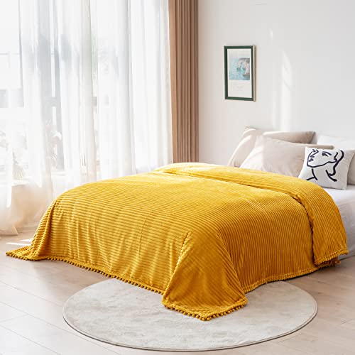 DISSA Fleece Blanket Throw Size – 51x63, Yellow – Soft, Plush, Fluffy, Fuzzy, Warm, Cozy – Perfect Throw for Couch, Bed, Sofa - with Pompom Fringe - Flannel Blanket Throw Blanket